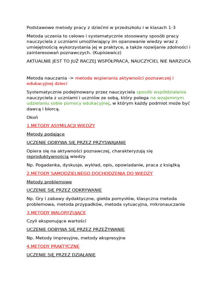 Podstawowe Metody Pracy Z Dziećmi W Przedszkolu I W Klasach 1 | PDF