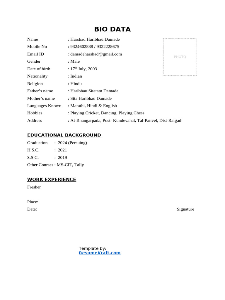 Harshad Bio Data New | PDF