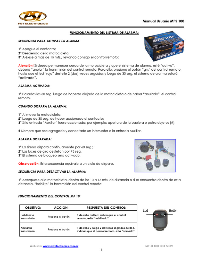 Guía de Alarma MPS 100 para Motocicletas | PDF | Control remoto | Alarma de seguridad