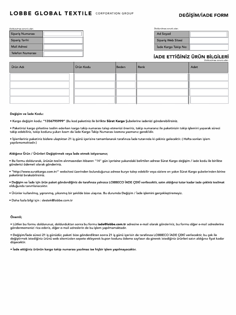 Lobbe Global İade Form | PDF