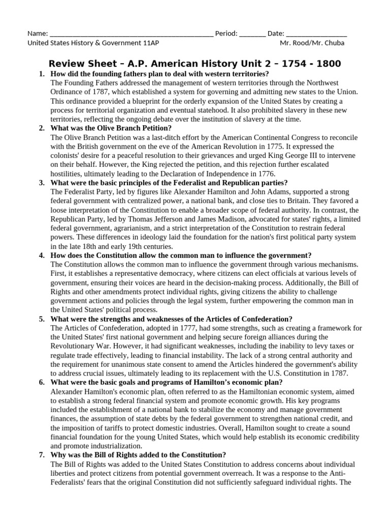 AP Review Sheet 1754-1800 | PDF | Alexander Hamilton | American Revolution