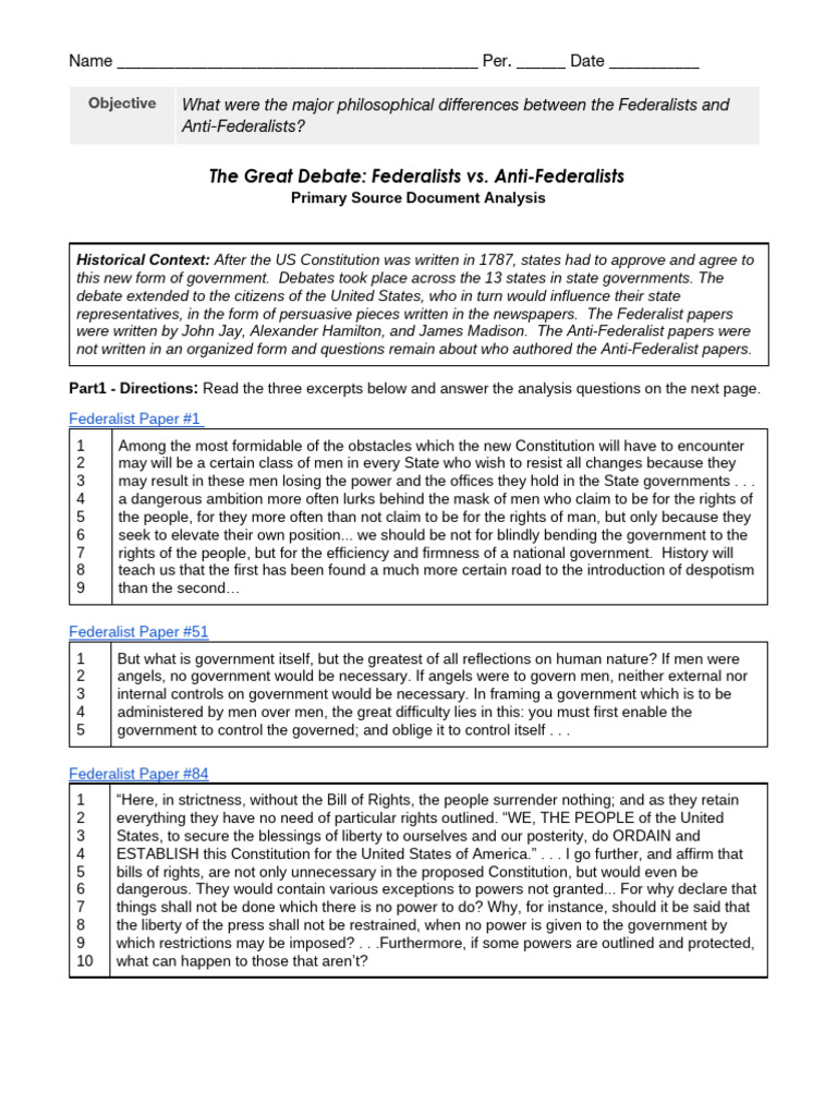 Federalist Vs Anti-Federalist 2023 | PDF | United States Bill Of Rights ...