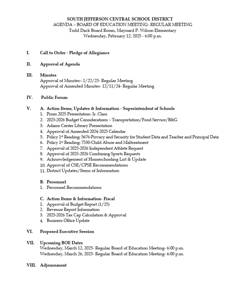 South Jefferson Central School District Board of Education Agenda Feb ...