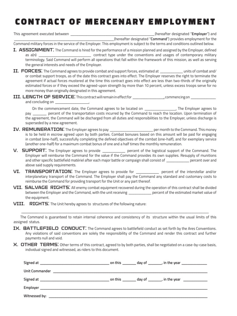 Mercenary Employment Contract Template | PDF | Employment | Private Law