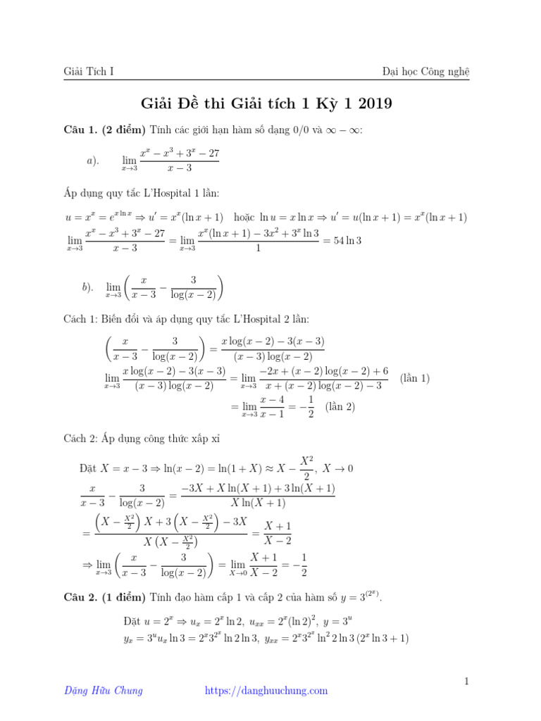 Giải đề GT1 cuối kì CLC kì 1 - 2019 | PDF