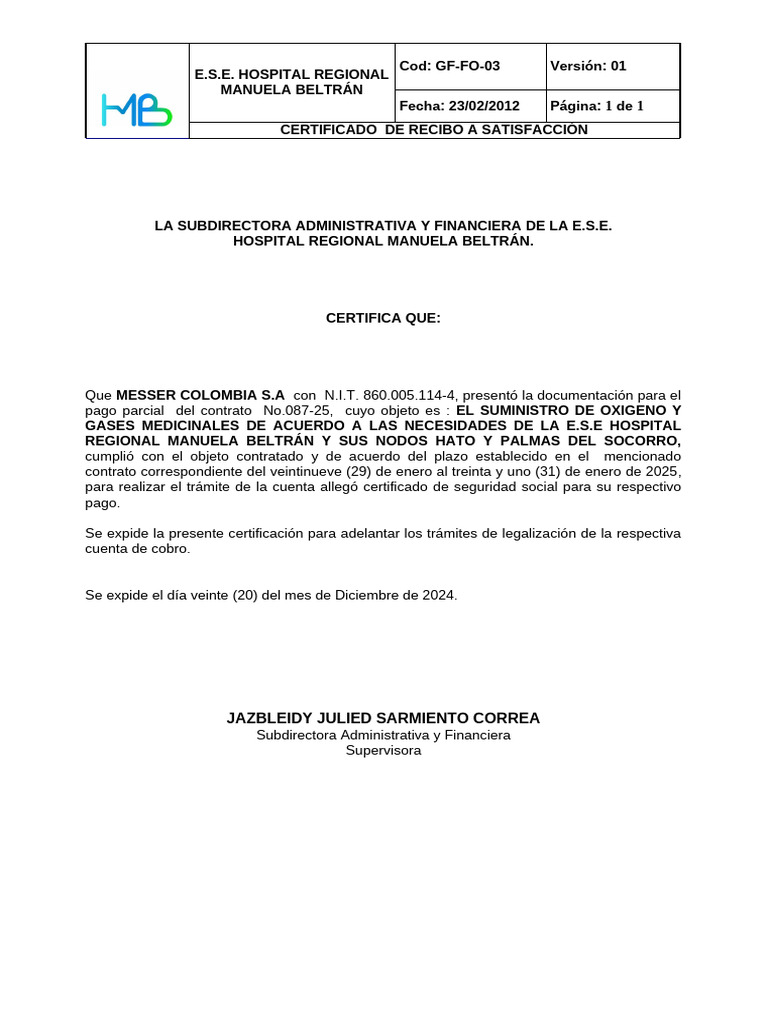 Recibo A Satisfacción - Jca | PDF