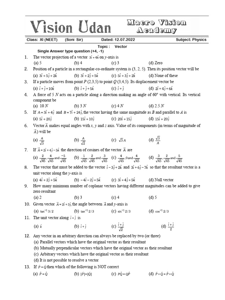 Physics Vectors Quiz for NEET XI | PDF | Euclidean Vector | Angle