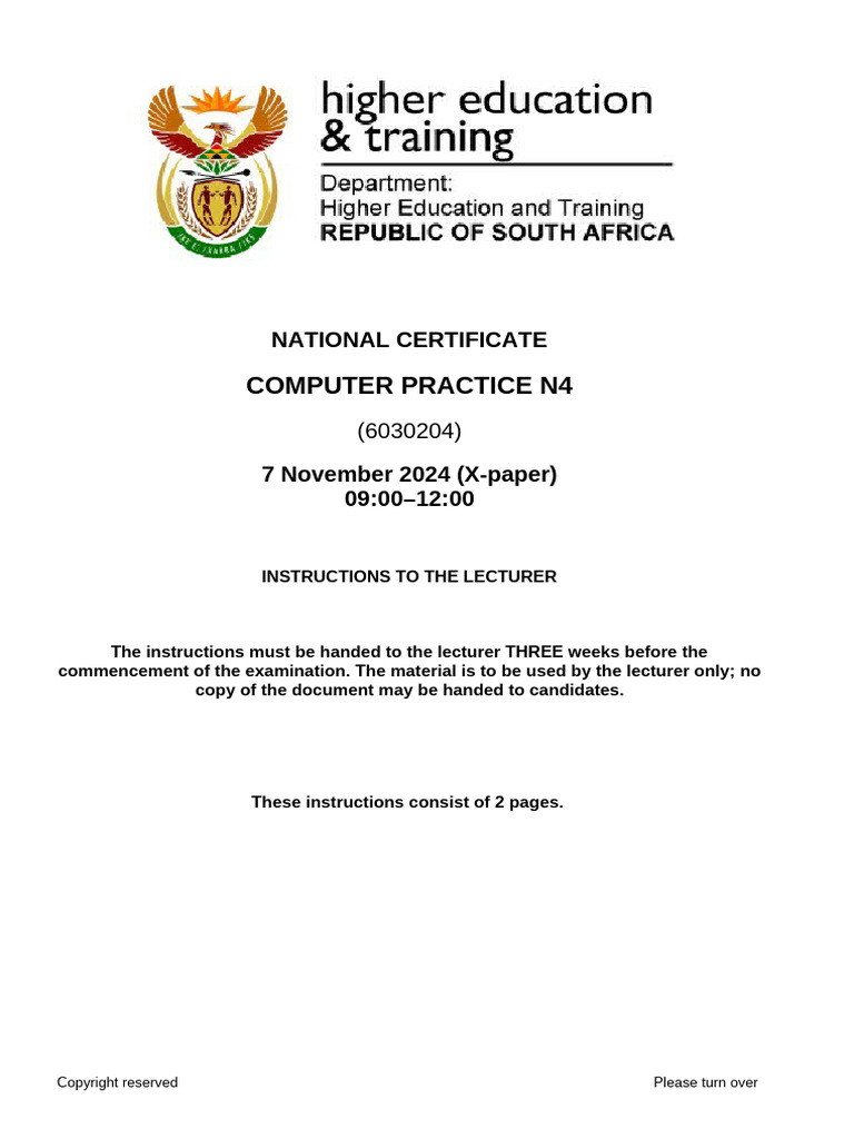 N210 - COMPUTER PRACTICE N4 INSTRUCTIONS TO THE LECTURER NOV 2024 | PDF ...