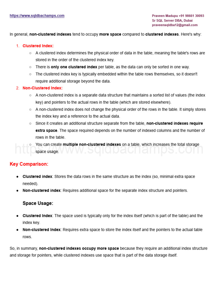 Will Clustered Index Or Non Clustered Occupy More Space In Sql Server Pdf