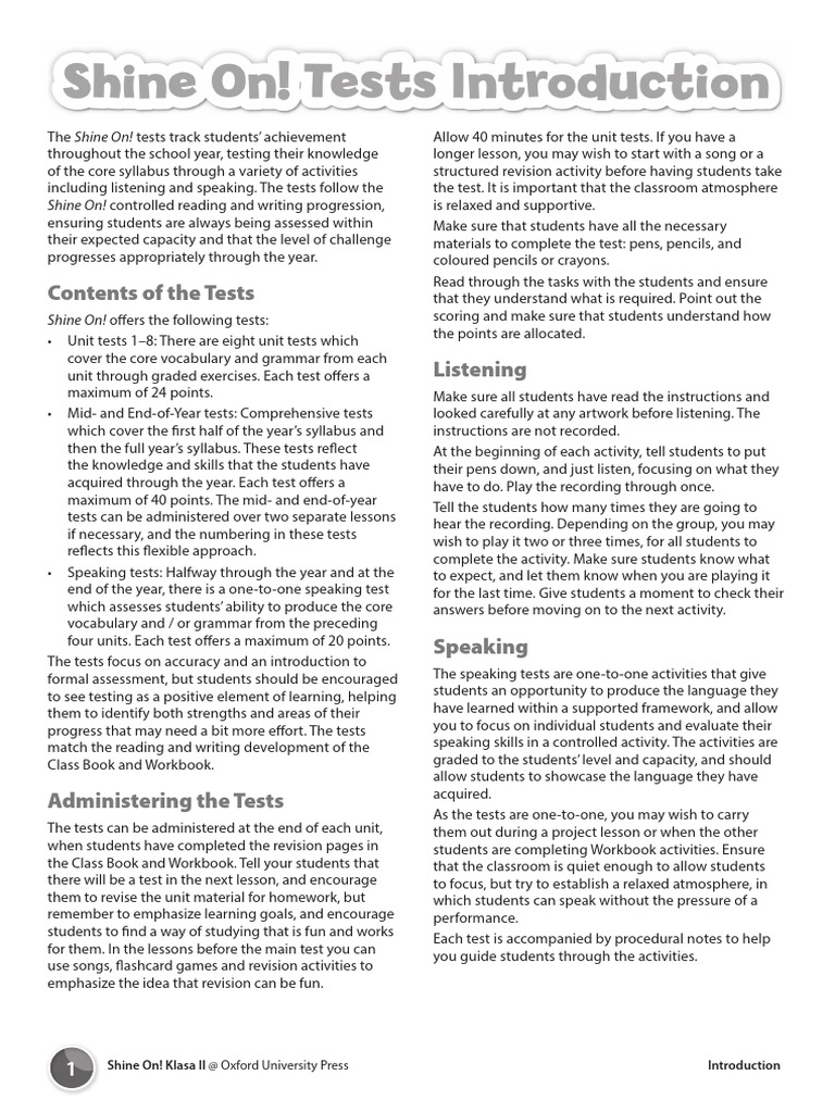 Shine On! Klasa II Testing Overview | PDF