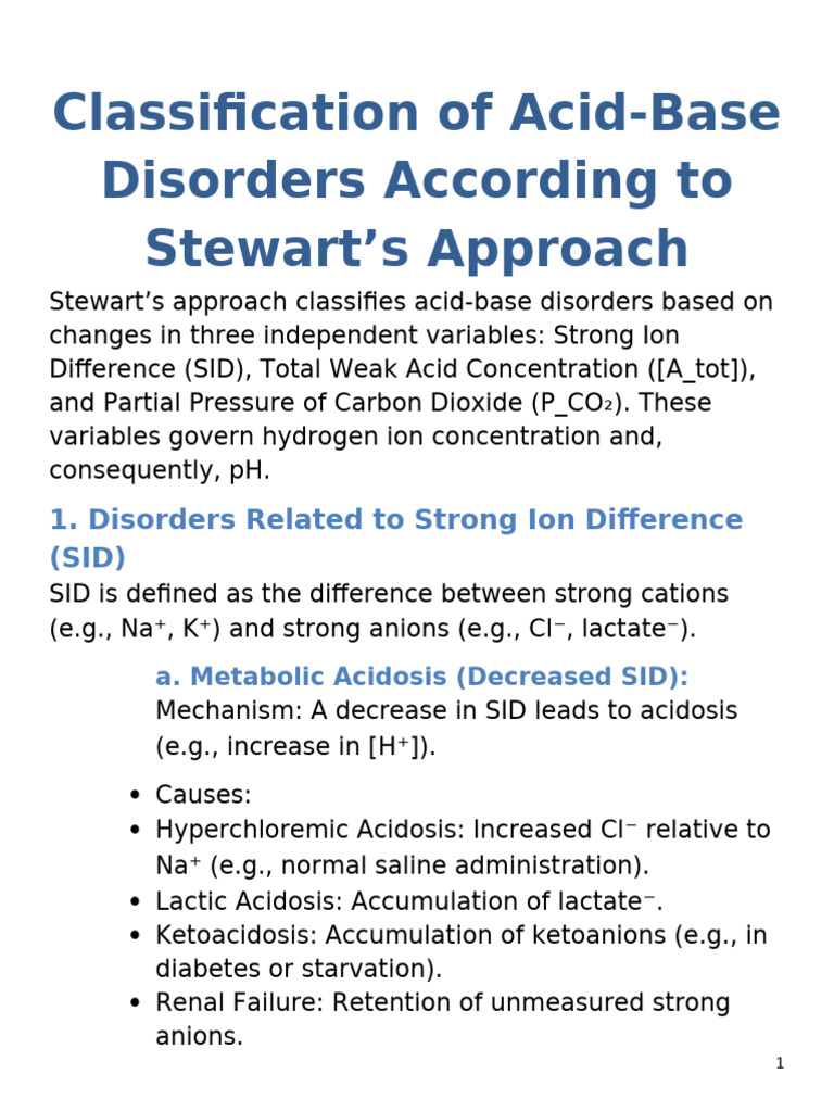 Classification of Acid-Base Disorders According To Stewart's Approach ...