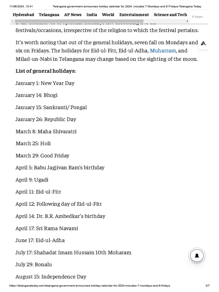 Telangana Holiday Calendar 2024 | PDF | Religious Holidays | Holidays