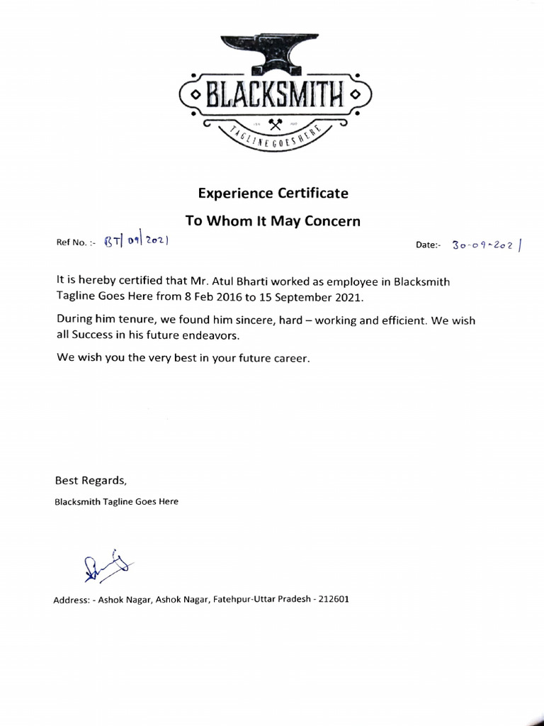 Blacksmith Experience Certificate for Atul Bharti | PDF