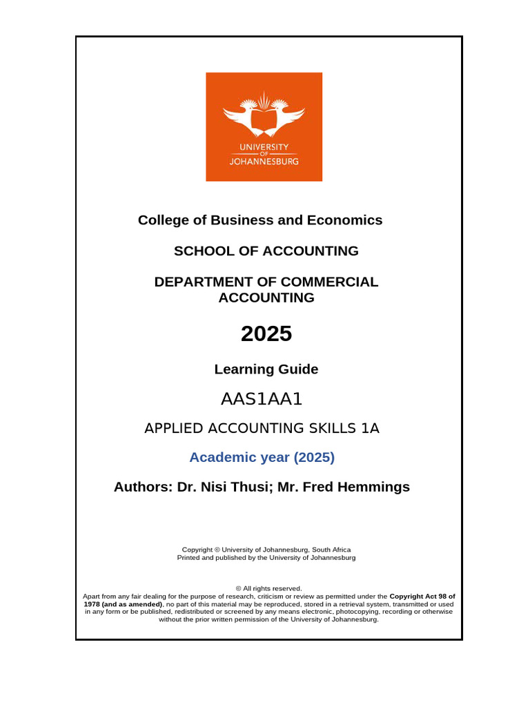 AAS1AA1 Learning Guide - 2025 Upload | PDF | Debits And Credits ...