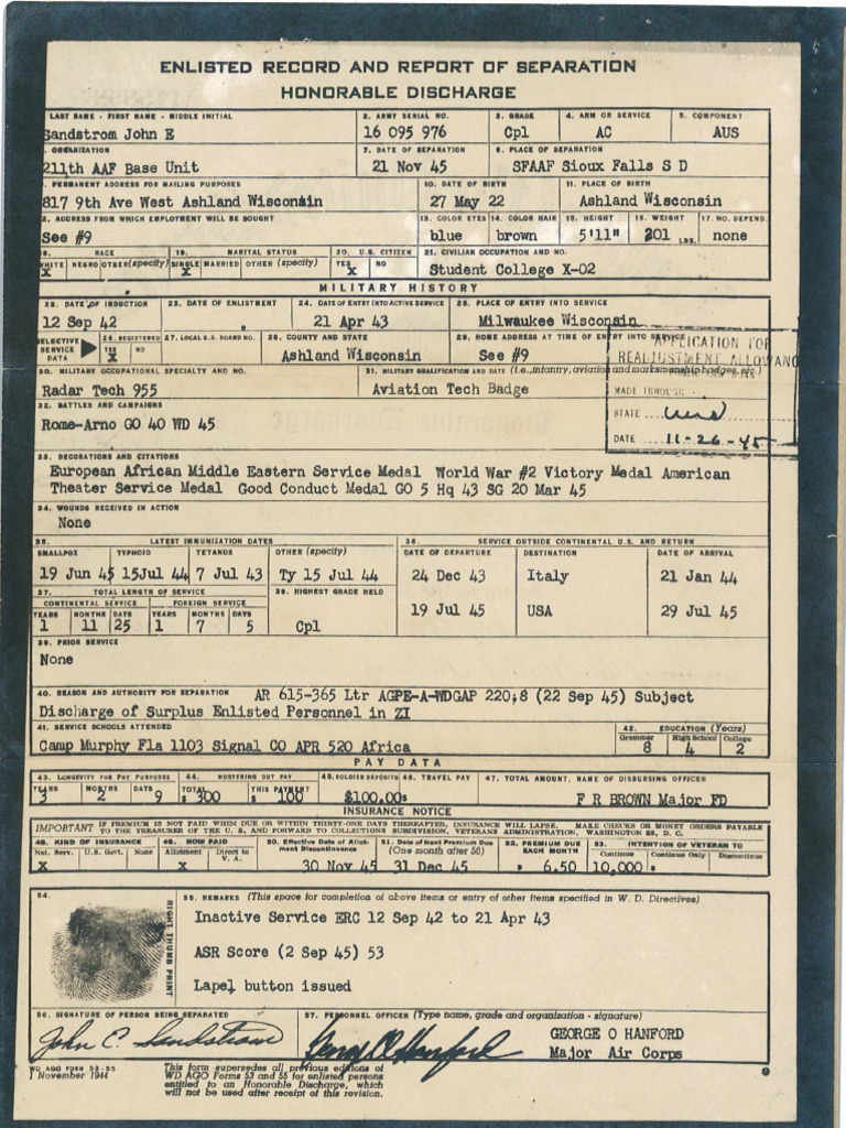 Sandstrom Discharge Papers | PDF