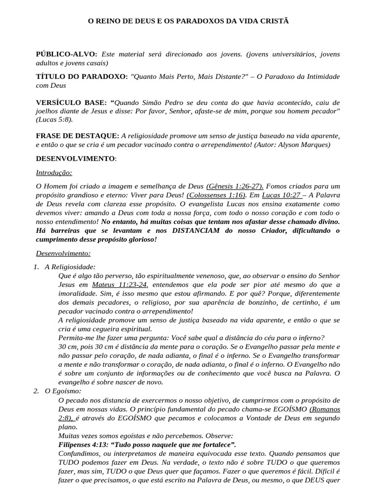 Estudo Bíblico Jovem - Alyson Marques (Paradoxos Da Vida Cristã) | PDF | Deus | Pecado