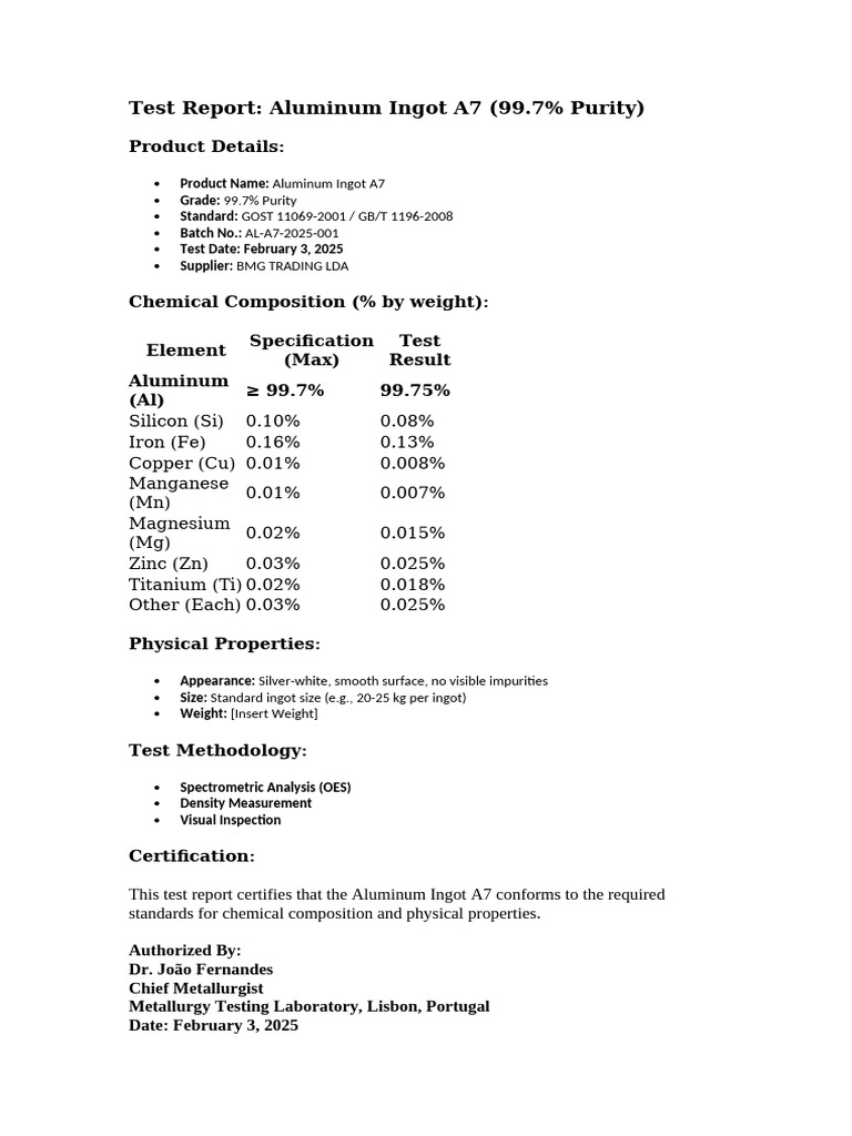 Aluminum Ingot A7 Test Report | PDF