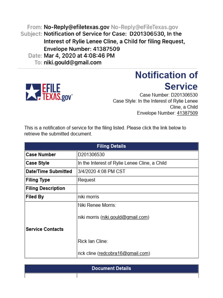 Notification of Service for Case D201306530, In the Interest of Rylie Lenee Cline, a Child for ...