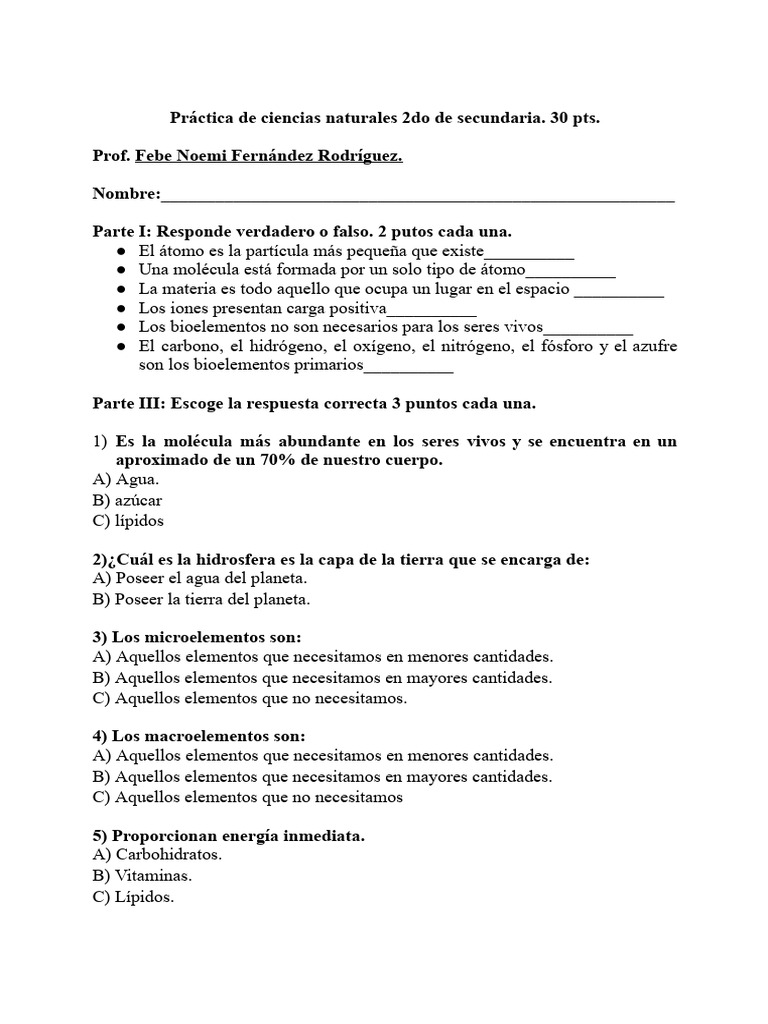 Pr-Ctica de Ciencias Naturales 2do de Secundaria | PDF