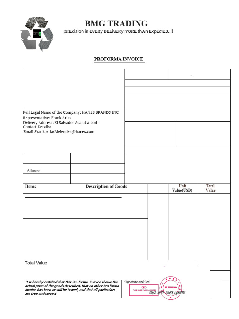 BMG Trading Proforma Invoice Details | PDF | Pro Forma | Invoice