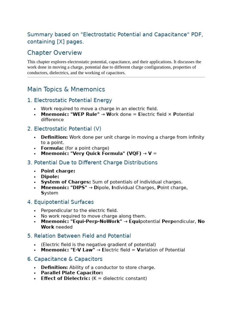 Electrostatic Potential & Capacitance Guide | PDF