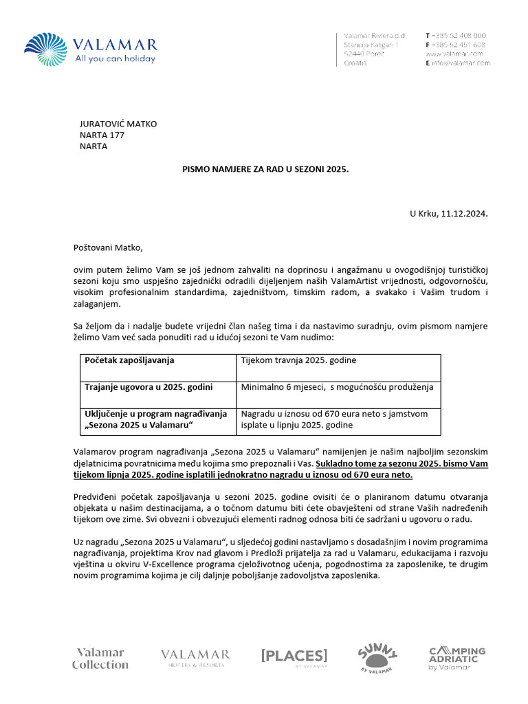 Pismo Namjere Za Povratnike Za Nagradu Za Sezonu 2025 - Juratović - Kopiraj | PDF