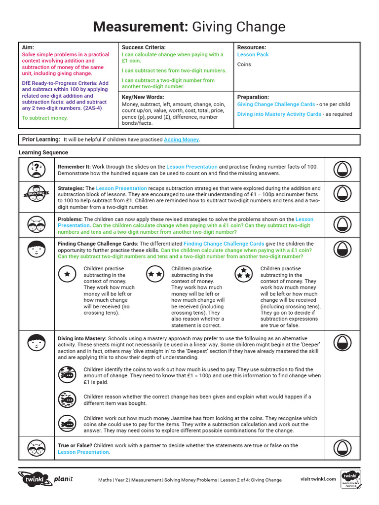 Lesson Plan Giving Change | PDF | Money | Cognitive Science