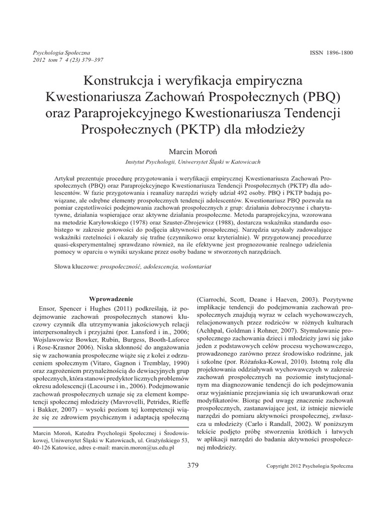 Kwestionariusz PBQ I PKTP Dla Młodzieży | PDF