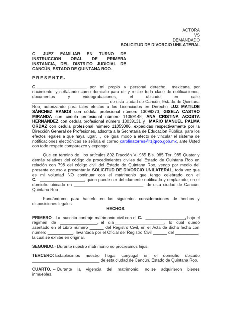 Formato Juicio de Divorcio Unilateral | PDF | Matrimonio | Divorcio