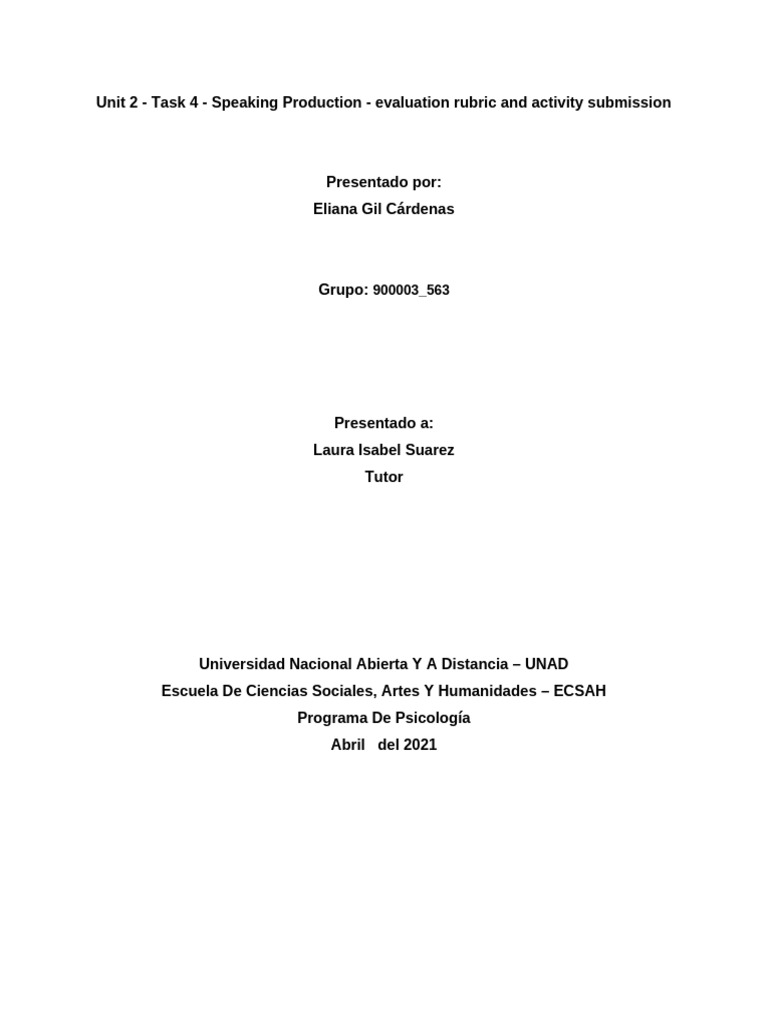 Unit 2 - Task 4 - Speaking Production - Evaluation Rubric and Activity Submission | PDF