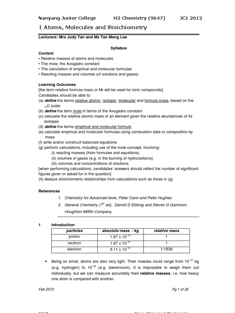 H2 Chem Topic 1 AMS Students) | PDF | Mole (Unit) | Stoichiometry