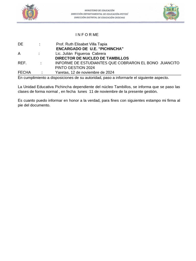 Inform Bono Juancito Pinto Pichincha | PDF
