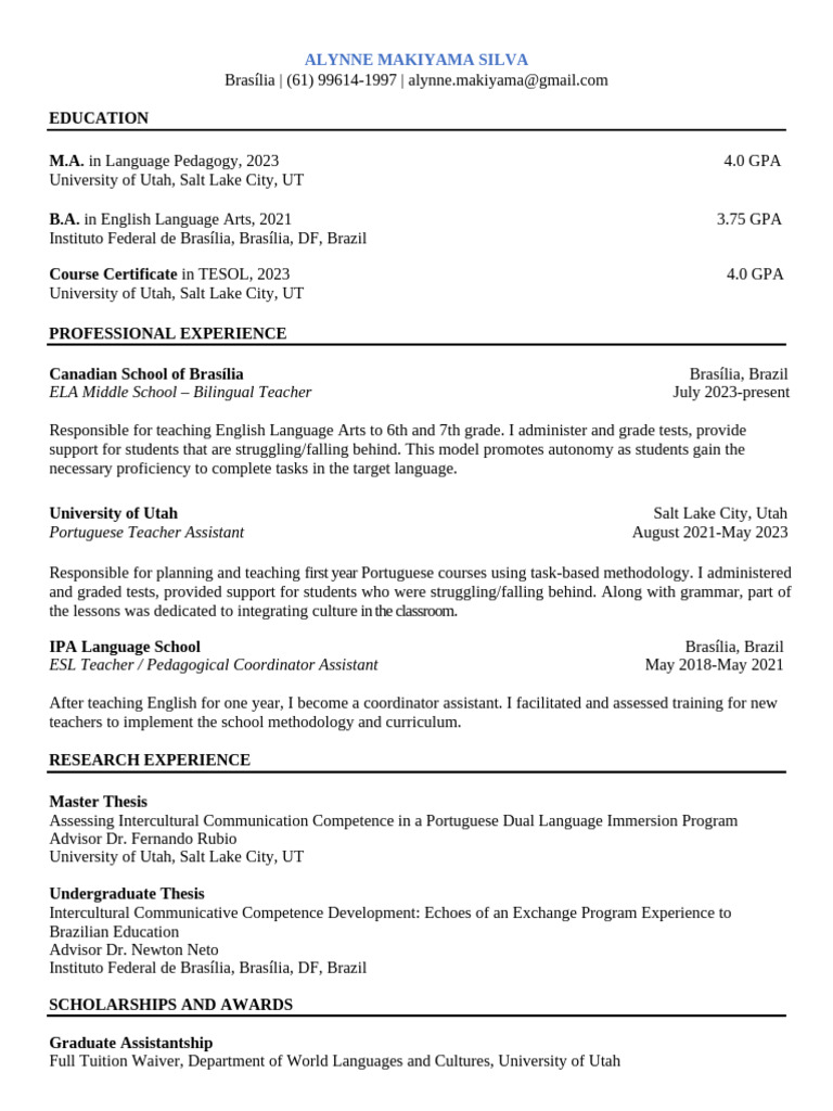 Alynne Makiyama Silva - CV | PDF | English As A Second Or Foreign ...