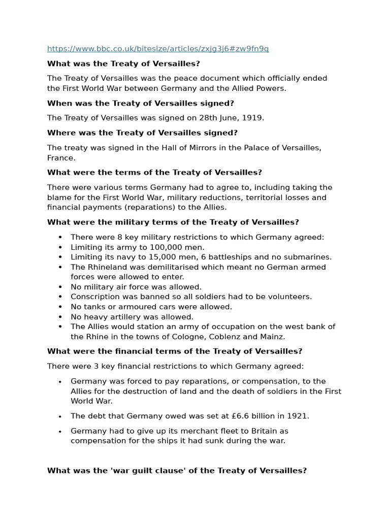 The Treaty of Versailles | PDF | Treaty Of Versailles | Weimar Republic