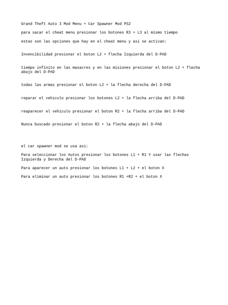 Mod Menu y Trucos para GTA 3 PS2 | PDF