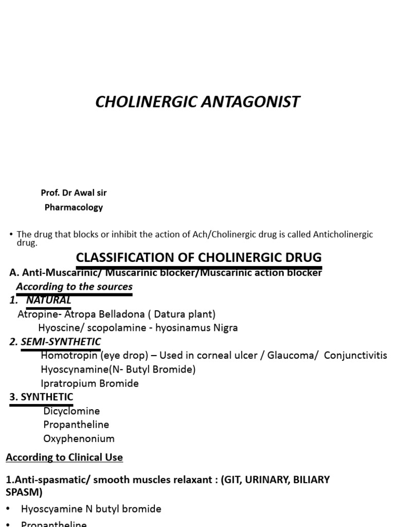 Cholinergic Antagonist | PDF | Acetylcholine | Drugs Acting On The Nervous System
