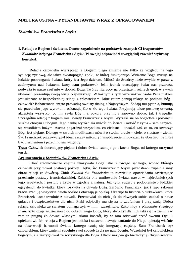 Kwiatki Św. Franciszka - Matura Ustna - Poprawiony | PDF