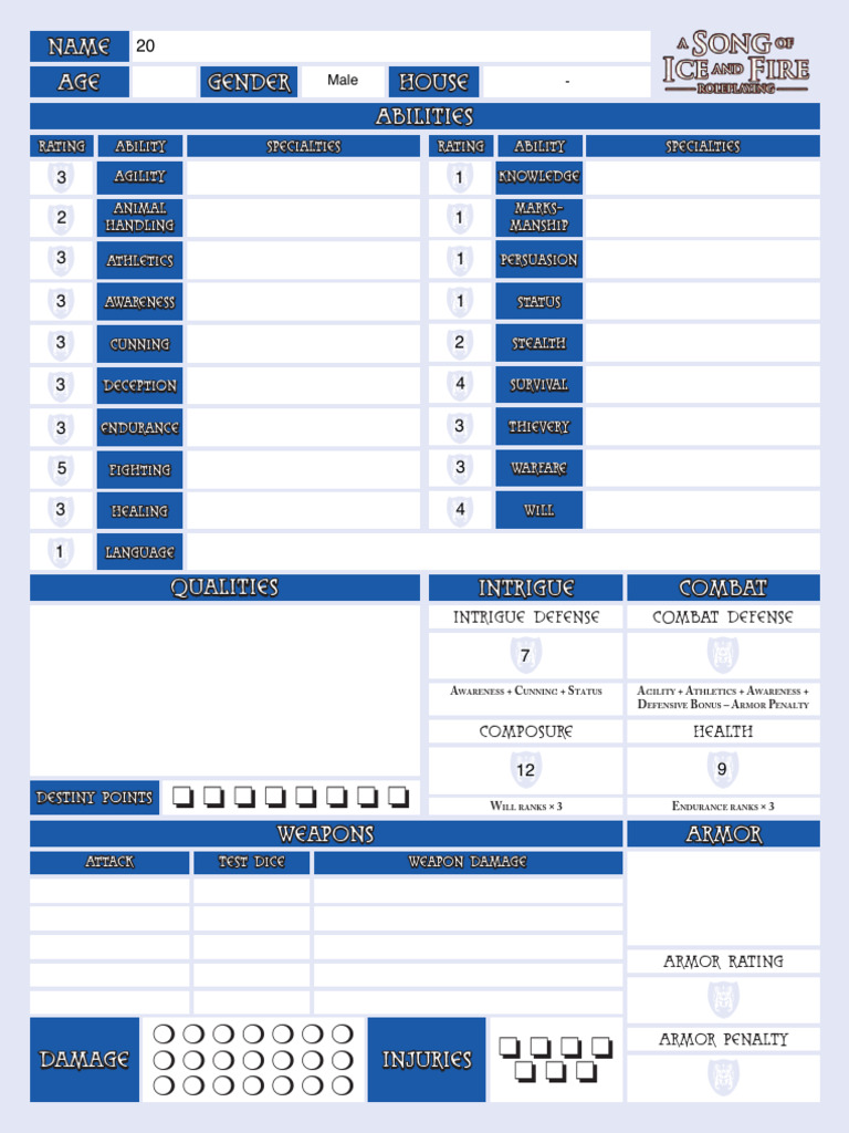 A Song of Ice and Fire Roleplaying Character Sheet Fillable | PDF