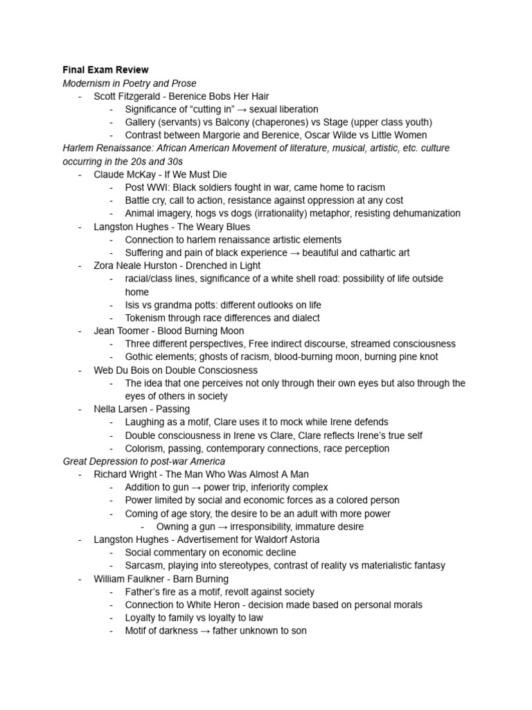 American Literature Final Exam Review | PDF | Harlem Renaissance ...