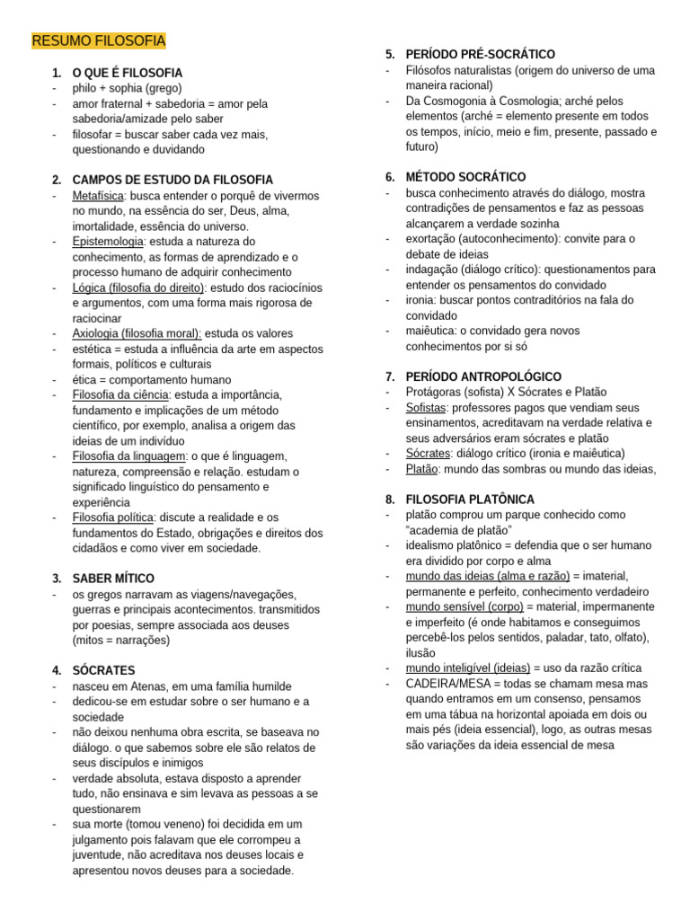 Resumo de Filosofia e Seus Campos | PDF | Sócrates | Platão