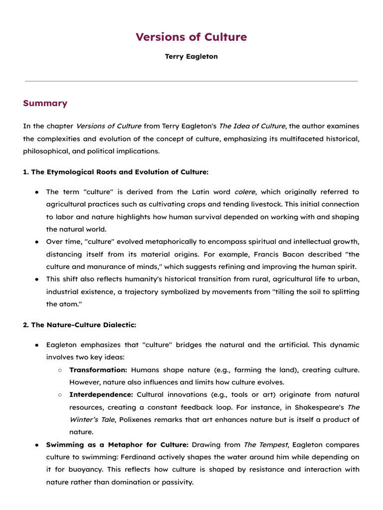 Versions of Culture by Terry Eagleton | PDF | Liberal Arts Education