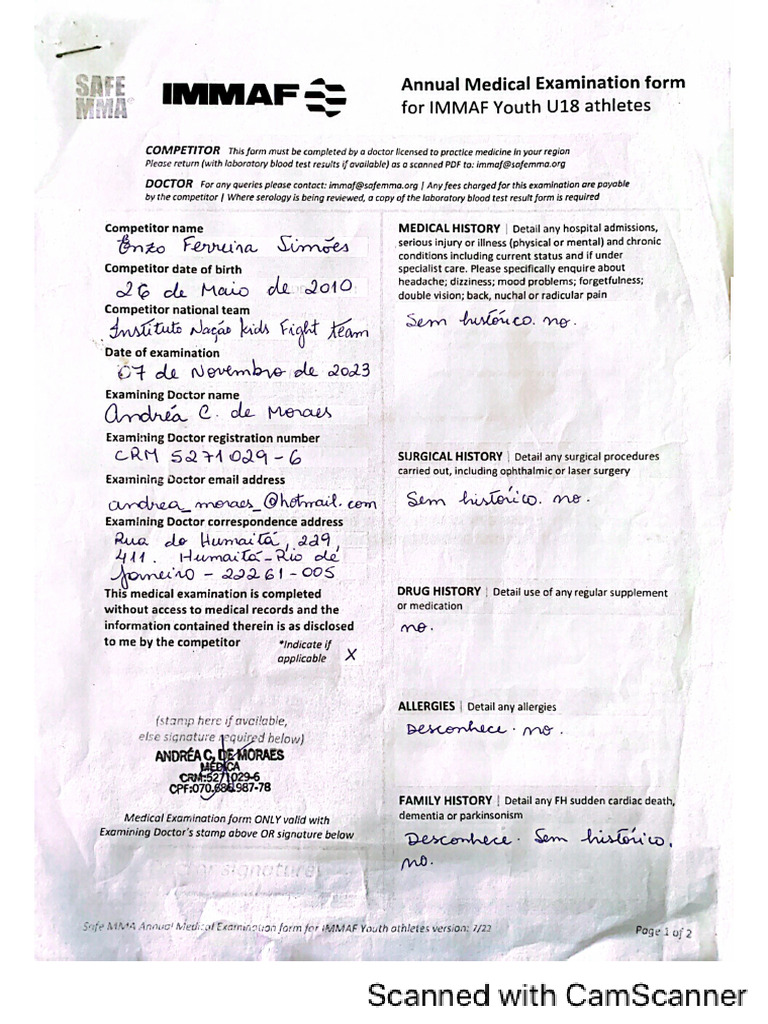 Medical Form Immaf - Enzo Simões | PDF