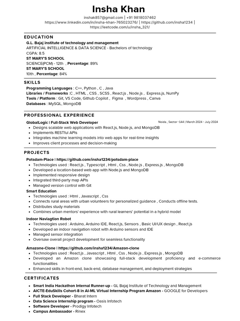 Insha One page resume | PDF | Web Application | Java Script