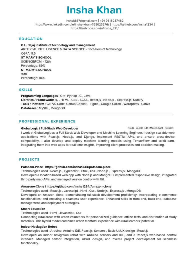 Insha Updated Resume | PDF | Web Application | Software Engineering