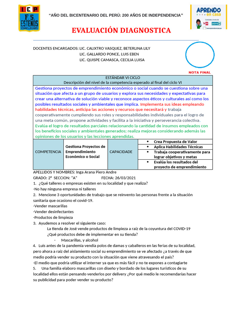 Ept Evaluacion Diagnostica 2do | PDF | Iniciativa empresarial