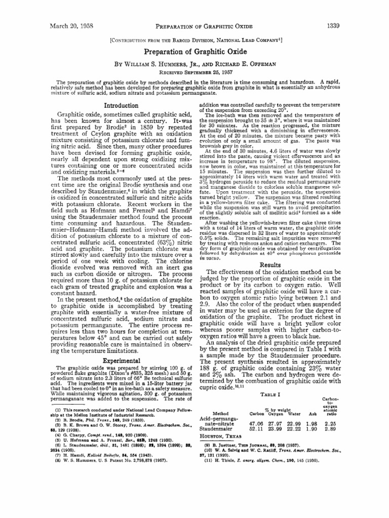 Hummers, Offeman - Preparation of Graphitic Oxide | PDF | Sulfuric Acid ...