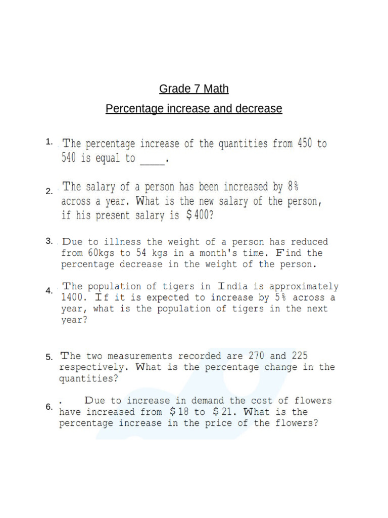 Grade 7 Math Percentage Increase and Decrease | PDF
