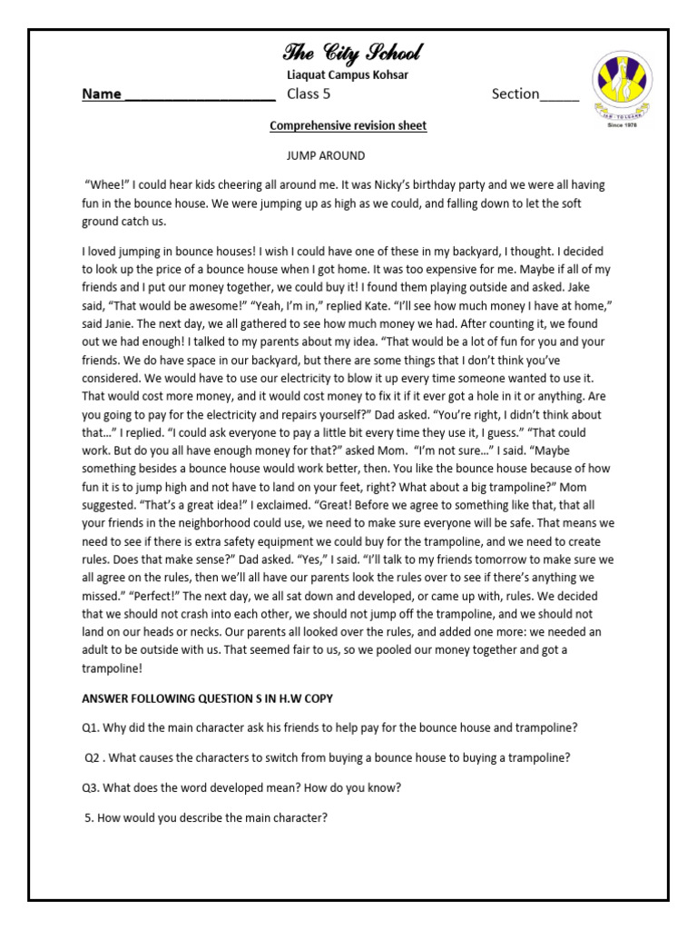 Class 5 English Comprehensive Revision Sheet 1 | PDF