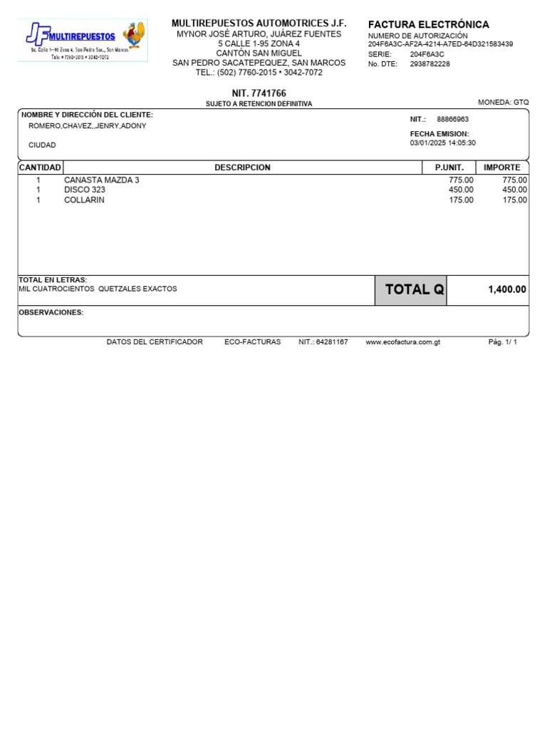 Factura Jenry Romero | PDF