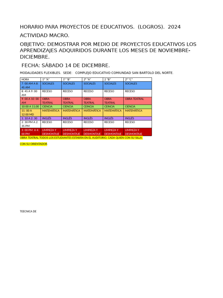 HORARIO PARA LA FERIA DE LOGROS E0301 2024 | PDF